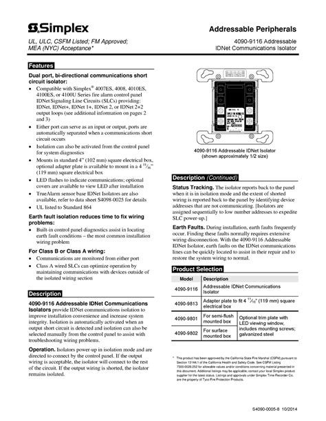 Simplex 4090 9116 4090 0005 Features Dual Port Bi Directional Communications Short Circuit
