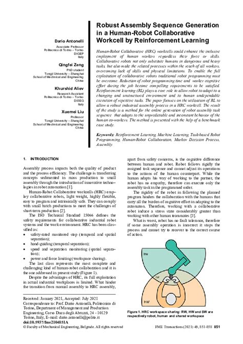 Pdf Robust Assembly Sequence Generation In A Human Robot