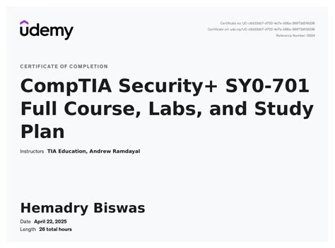 My Course Completion Certificate For Comptia Security Sy0 701 Full