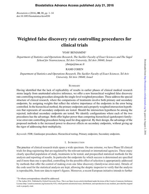 Pdf Weighted False Discovery Rate Controlling Procedures For Clinical Trials