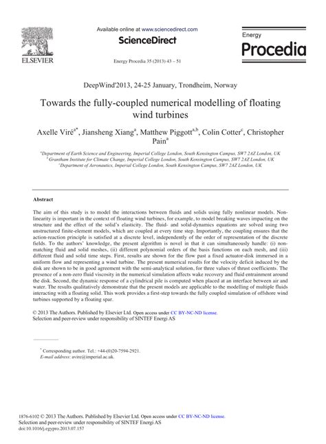 Pdf Towards The Fully Coupled Numerical Modelling Of Floating Wind Turbines