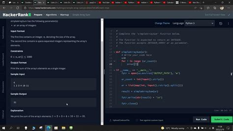 How To Solve Hackerrank Simple Array Sum In Python Youtube