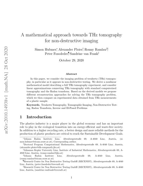Pdf A Mathematical Approach Towards Thz Tomography For Non Destructive Imaging