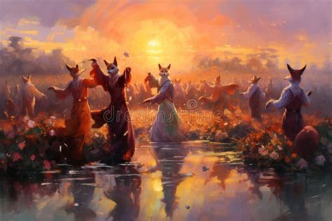 Playful Twilight Foxes Dancing Under The Fading Light Of The Setting Sun Generative AI Stock
