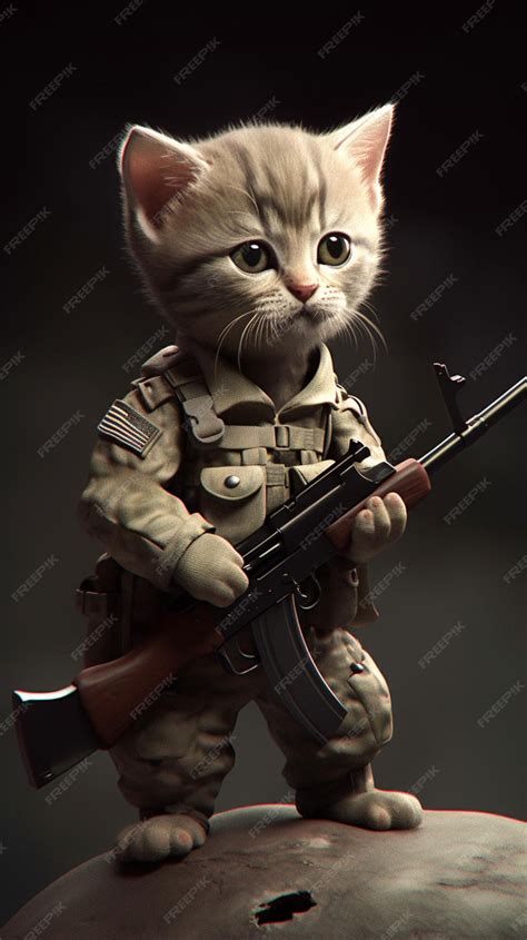 A Cat With A Gun Is Standing In A Military Uniform Premium Ai