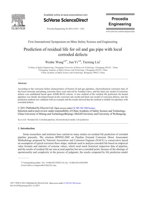 Pdf Prediction Of Residual Life For Oil And Gas Pipe With Local