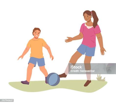 잔디밭에서 공을 가지고 노는 아이들 소년과 소녀 야외에서 공원에서 노는 벡터 아이 평면 만화 캐릭터 벡터 일러스트 레이 션 행복한 어린 시절 공과 함께하는 스포츠 활동