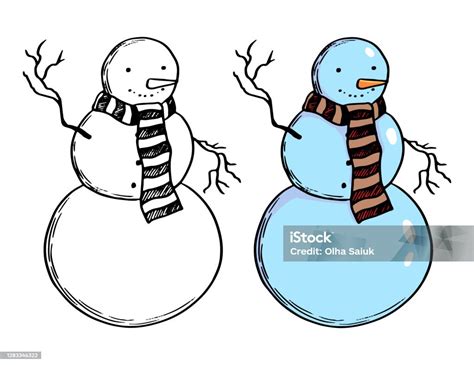 귀여운 눈사람의 낙서 손으로 그린 벡터 그림 겨울의 만화 빈티지 스케치 흰색으로 분리된 검은색 윤곽및 색상 요소 집합입니다 디자인 장식 인쇄 카드 스티커 포스터용 12월에