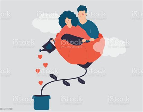 젊은 부부는 꽃에 서로를 포용하고 붉은 마음으로 물을 아내는 사랑으로 남편을 돌보습니다 남자는 주의와 그의 여자를 껴안고 벡터 스톡 통일에 대한 스톡 벡터 아트 및 기타
