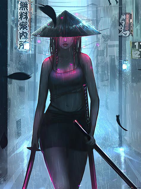 Anime Beautiful Girl Walking With Samurai Hat And Sword 4k Wallpaper