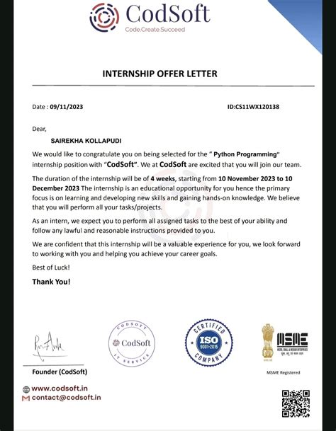 Sai Rekha Kollapudi On Linkedin Codsoft Pythonintern Softwaredeveloper Internship Excited