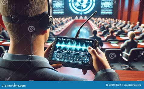 Person Using Real Time Captioning Device During Conference Focused On Assistive Technology Stock