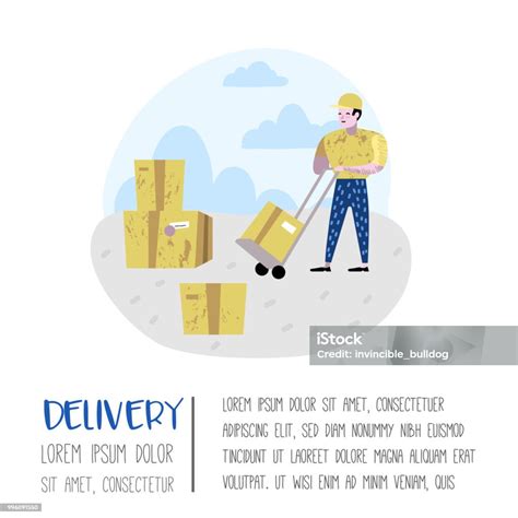 배달 서비스 화물 업계 포스터 배너입니다 택배 문자입니다 소포와 유니폼에 우편 노동자입니다 벡터 일러스트 레이 션 개념에 대한 스톡 벡터 아트 및 기타 이미지 Istock
