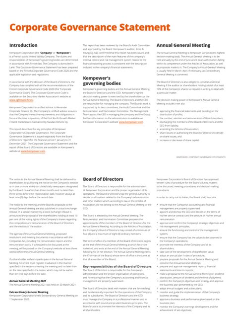Kempower Corporate Governance Statement 2021 Pdf