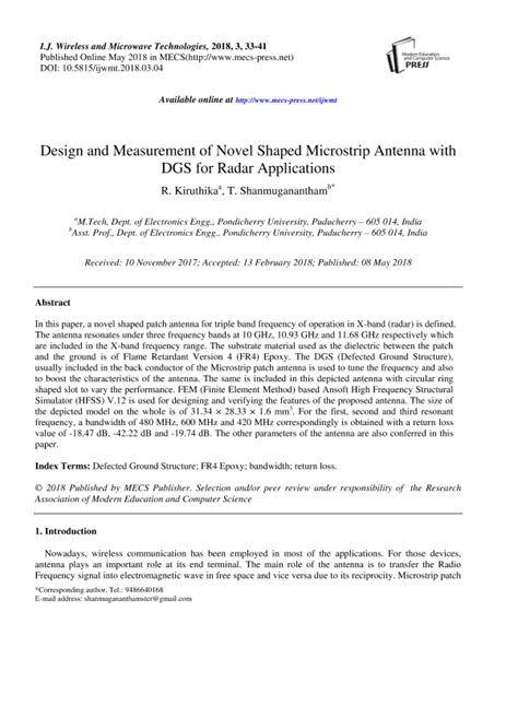 Design And Measurement Of Novel Shaped Microstrip Antenna With Dgs For Radar Applications