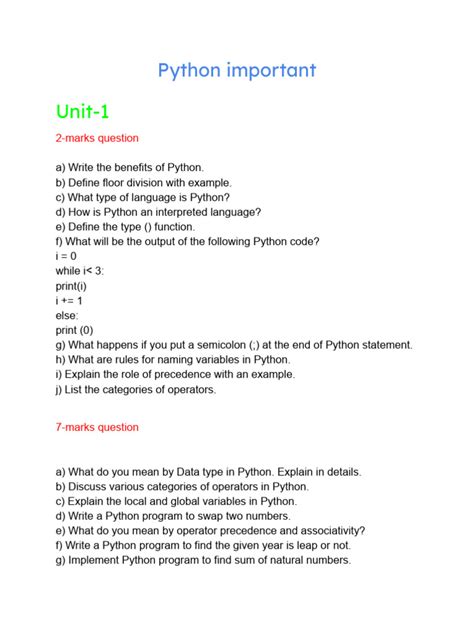 Python All Unit Important Questions Pdf Computer Programming Software Engineering