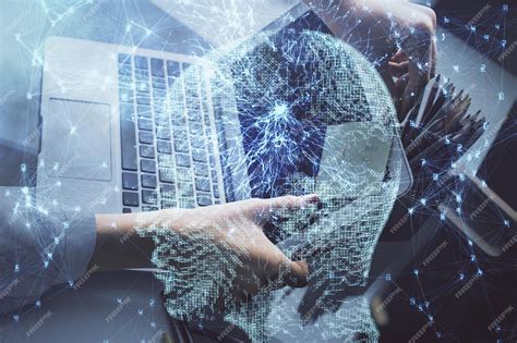 ai 기술 개념을 그리는 컴퓨터와 인간 두뇌 홀로그램 작업을 하는 여성 손의 다중 노출 프리미엄 사진