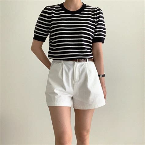 드레오르 여성 스트라이프 단가라 줄무늬 화이트 네이비 반팔 라운드 여름 마린 퍼프 니트 탑 티셔츠