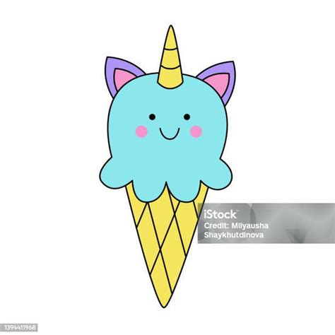 흰색 배경에 고립 된 귀여운 유니콘 아이스크림의 벡터 일러스트레이션 귀여운에 대한 스톡 벡터 아트 및 기타 이미지 귀여운 냉동식품 다중 색상 Istock