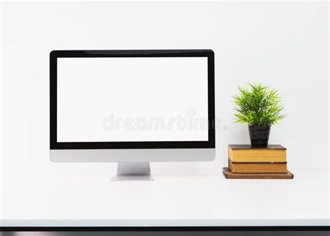 Computer Mock Up White Desk Table With Blank Screen Stock Image