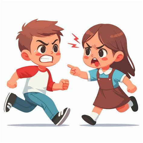 소년과 소녀가 분노한 표정으로 싸우는 만화 이미지 프리미엄 벡터