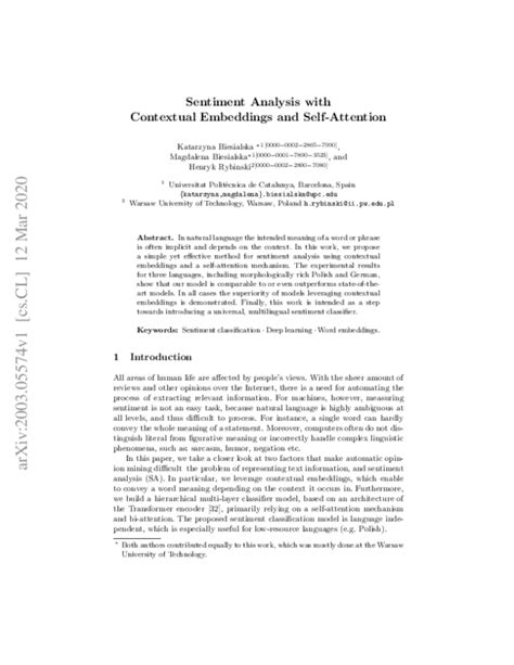 Pdf Sentiment Analysis With Contextual Embeddings And Self Attention