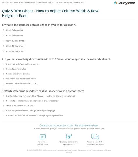 Quiz Worksheet How To Adjust Column Width Row Height In Excel