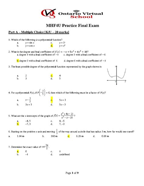 Final Exam Practice Solutions Mhf4u Practice Final Exam Part A Multiple Choice [k U 2 0