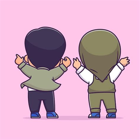 Słodka para chłopiec i dziewczyna hidżab z miłością znak ręka kreskówka wektor ikona