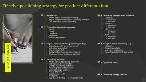 Table Of Contents Effective Positioning Strategy For Product Differentiation Ppt Example