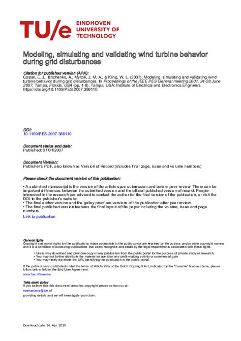 Pdf Modeling Simulating And Validating Wind Turbine Behavior During Grid Disturbances