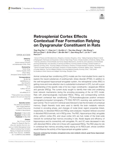 Pdf Retrosplenial Cortex Effects Contextual Fear Formation Relying On Dysgranular Constituent