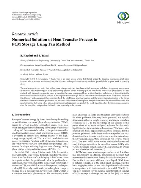 Pdf Numerical Solution Of Heat Transfer Process In Pcm Storage Using Tau Method