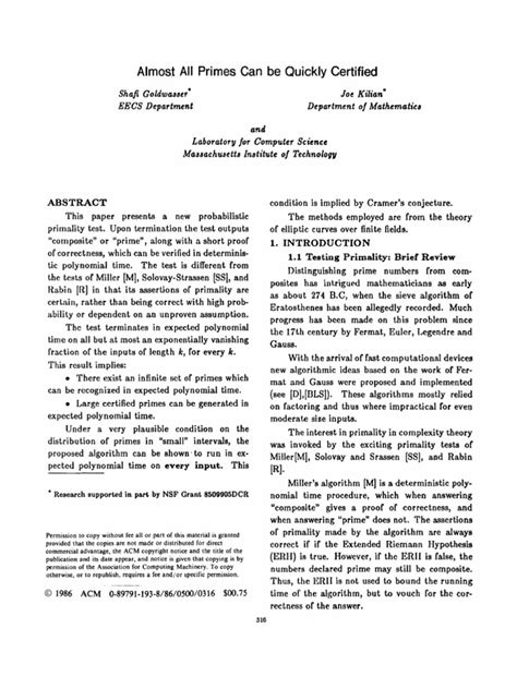 Almost All Primes Can Be Quickly Certified S Goldwasser J Kilian