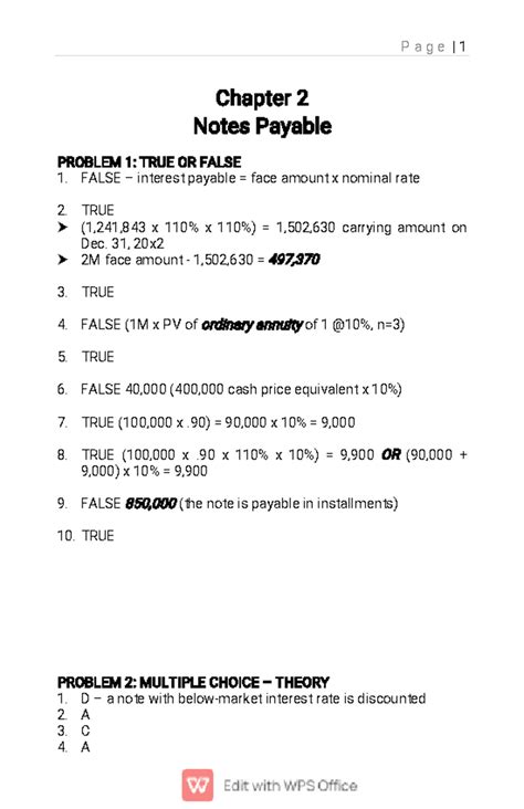 Notes Payable Practice Materials Chapter Notes Payable PROBLEM TRUE OR FALSE FALSE