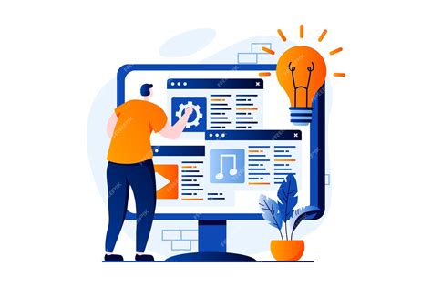 플랫 만화 디자인의 사람들이 있는 웹 개발 개념 남자 디자이너는 웹사이트 레이아웃을 생성하여 목업 프로그래밍 및 테스트에 요소를