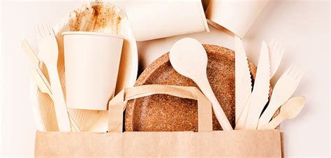 에코 공예 종이 식기 컵 패스트 푸드 용기 재활용 환경 친화적 인 개념 일회용 에코 칼 붙이 접시 숟가락 나이프 가벼운 배경에 포크 음식 배달을위한 종이 봉지를 제작하십시오