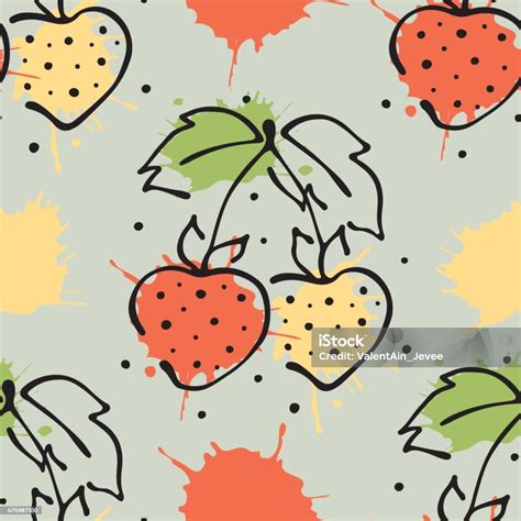 벡터 과일 완벽 한 패턴입니다 딸기 잎 장식 요소도 말 방울 스플래시 손으로 그린 등고선 및 스트로크 낙서 스케치 스타일 그래픽 벡터 드로잉 그림 0명에 대한 스톡 벡터