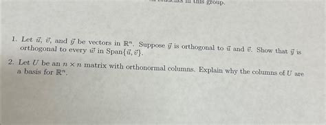 Solved Let Vec U Vec V And Vec Y Be Vectors In Rn Chegg Com