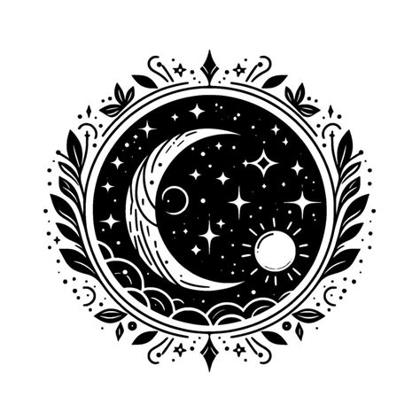 Celestial Circle Black White Illustration Of Crescent Moon Stars Sun