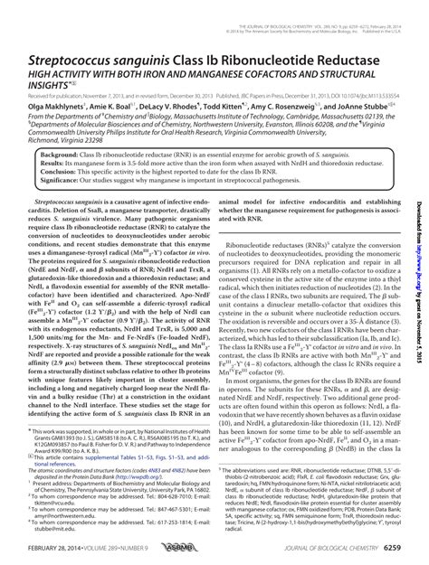 Pdf Streptococcus Sanguinis Class Ib Ribonucleotide Reductase High Activity With Both Iron