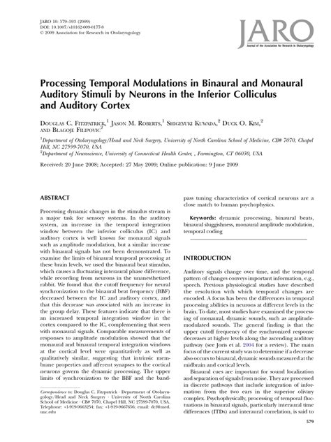 Pdf Processing Temporal Modulations In Binaural And Monaural Auditory