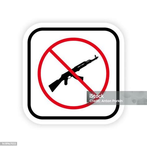 Ak47 실루엣 레드 스톱 심볼 러시아 기관총 아이콘이 없습니다 무기 경고 기호 칼라시니코프 돌격 소총 금지 사인 Ak 47 금지 기호 격리된 벡터 일러스트 레이 션 무기에