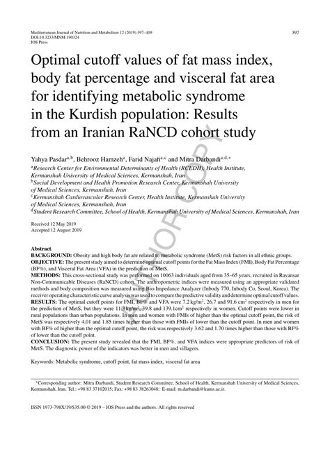 Pdf Optimal Cutoff Values Of Fat Mass Index Body Fat Percentage And Visceral Fat Area For