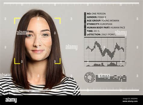 Facial Recognition System Woman With Scanner Frame Digital Biometric Grid And Personal Data On