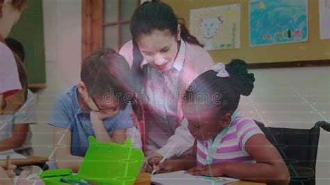 Animation Of Data Processing Over Caucasian Female Teacher And Students