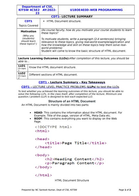 Wp Cdt1 Summary Web Programming Important Topics Department Of Cse Kitsw 4cse2 Ay2022 23