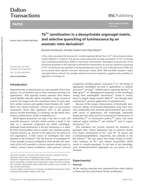 Pdf Tb3 Sensitization In A Deoxycholate Organogel Matrix And