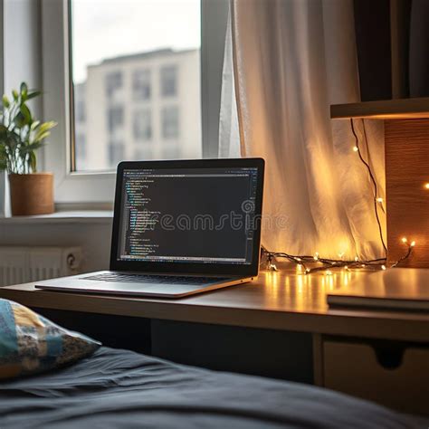 Laptop Coding At Night Cozy Home Office Setup Programmer Workspace