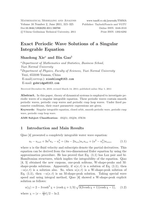Pdf Exact Periodic Wave Solutions Of A Singular Integrable Equation